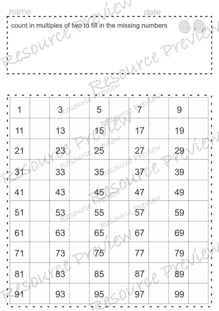 Hundred chart skip counting activities 2,3,5,10